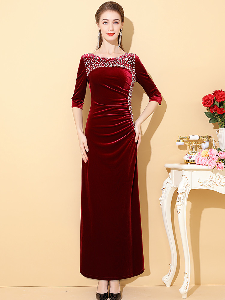 Burgundy Velvet Short Sleeve Beading Mother Of The Bride Dress