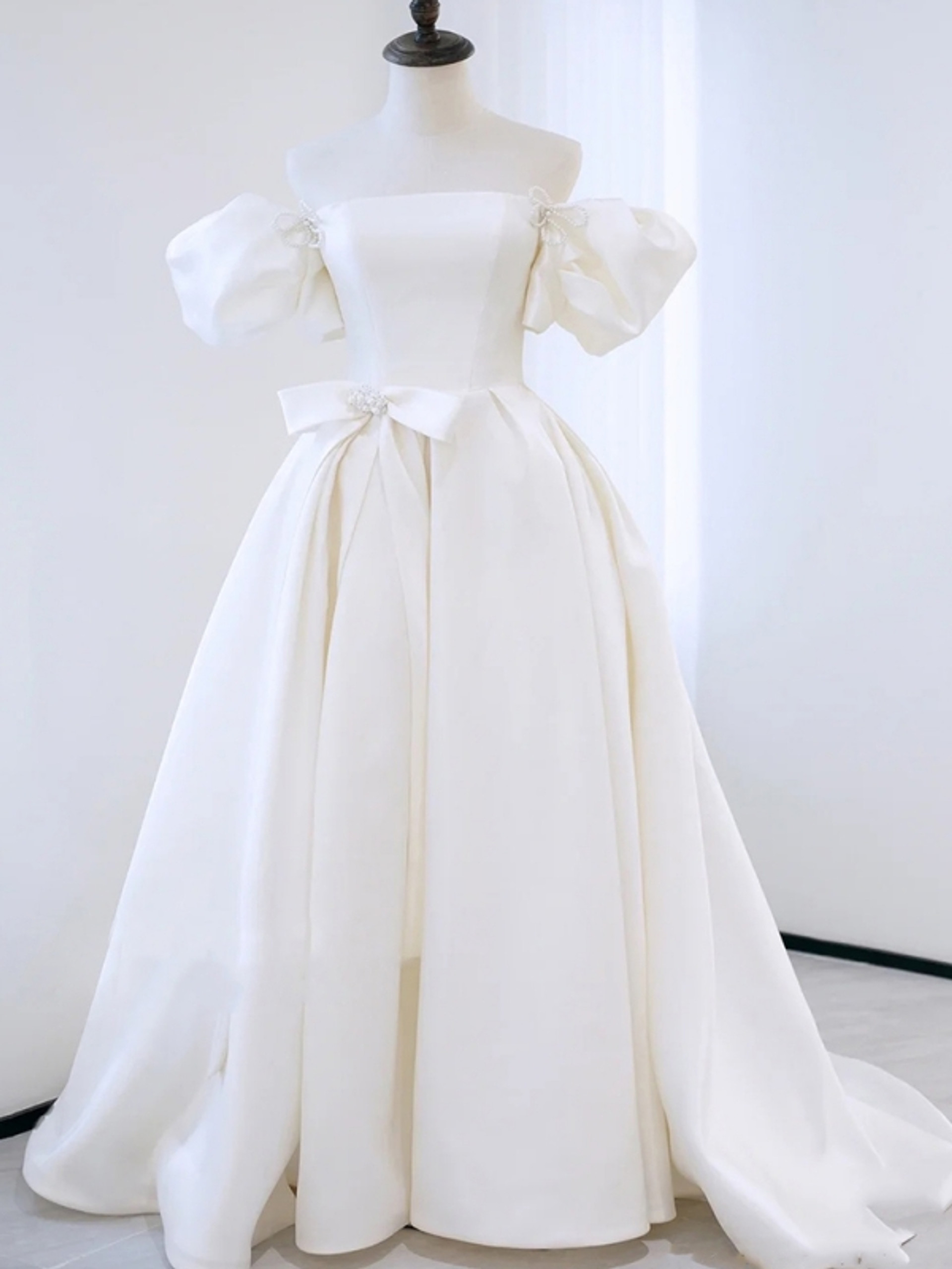 White Satin Cap Sleeve Backless Wedding Dress With Pearls
