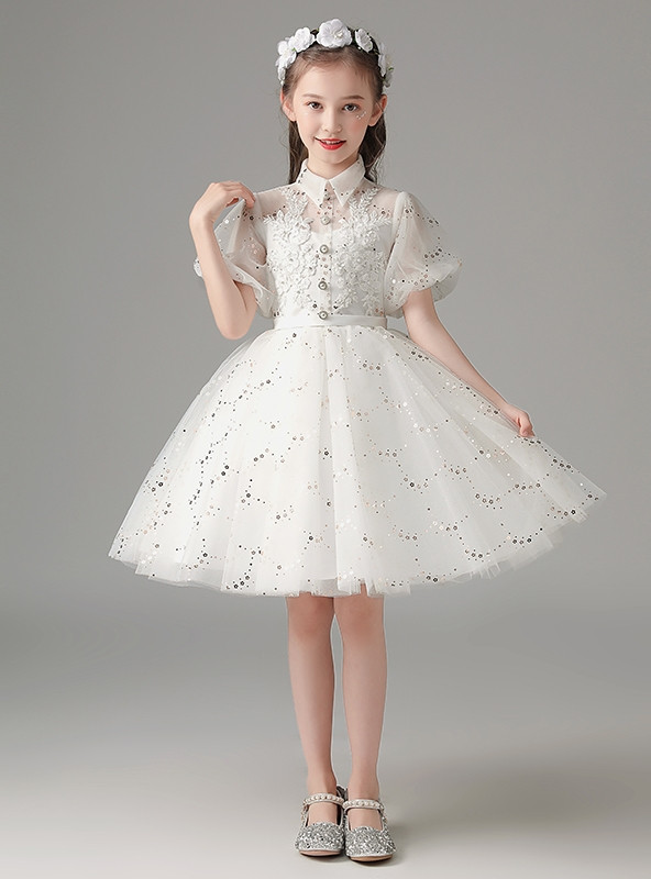 Blue Tulle Sequins Short Sleeve Flwoer Girl Dress