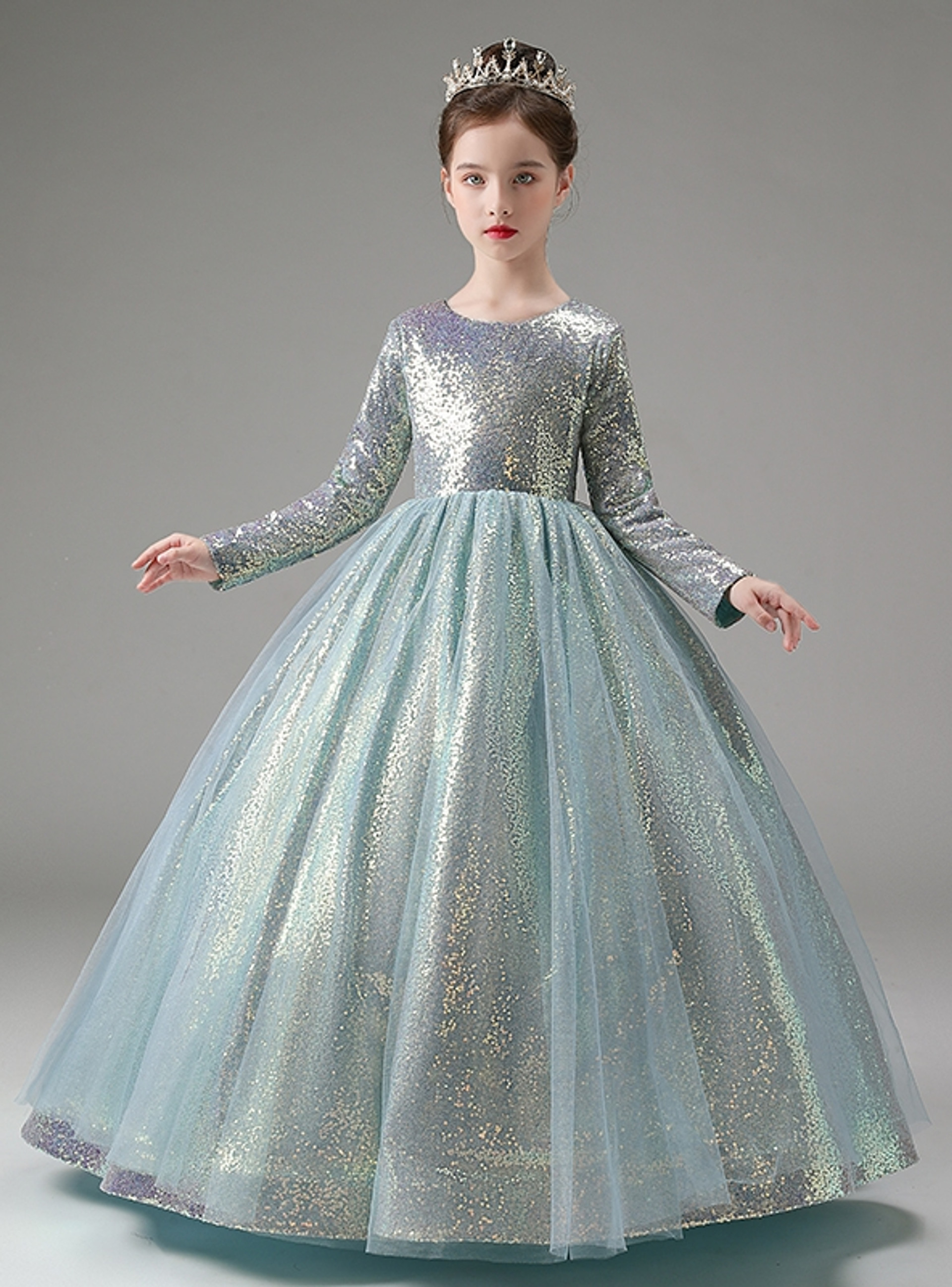 Blue Tulle Sequins Long Sleeve Bow Flower Girl Dress