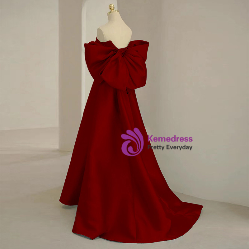 Burgundy Off the Shoulder Bow Prom Dress