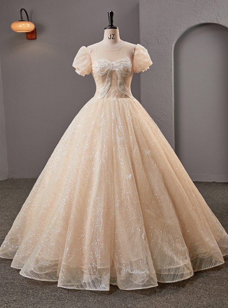 Champagne Tulle Sequins Square Puff Sleeve Quinceanera Dress
