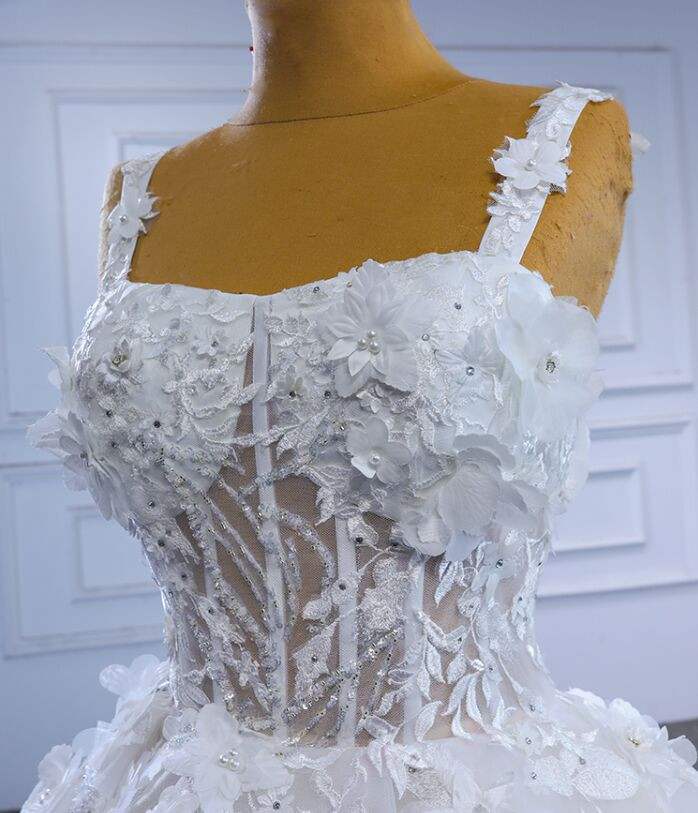 White Tulle Straps 3D Flower Wedding Dress