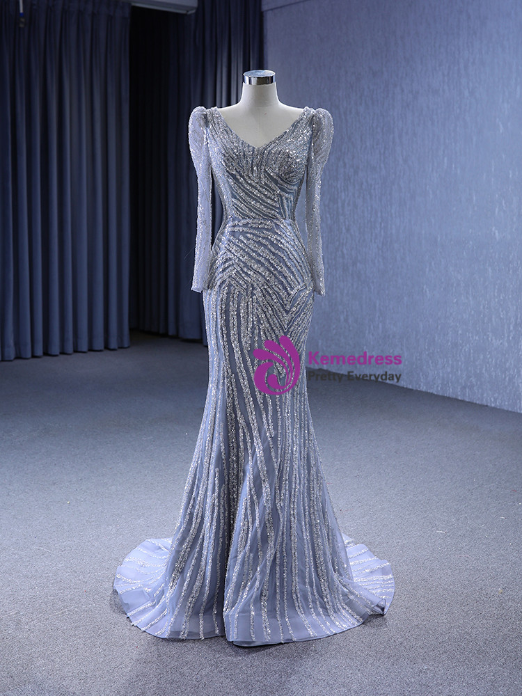 Gray Mermaid Long Sleeve Beading Prom Dress With Detachable Train