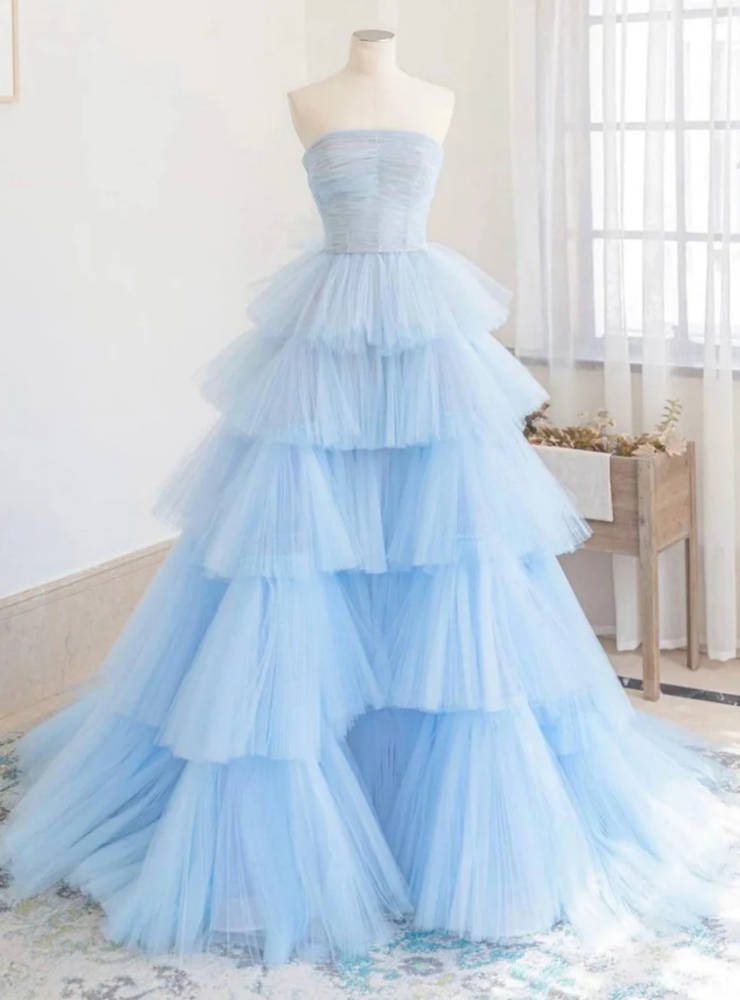 Fuchsia Tulle Strapless Pleats Tiers Princess Dress