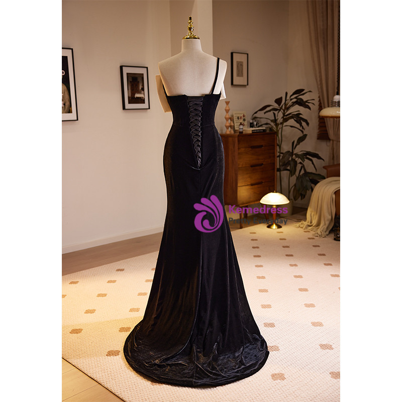 Black Mermaid Velvet One Straps Prom Dress