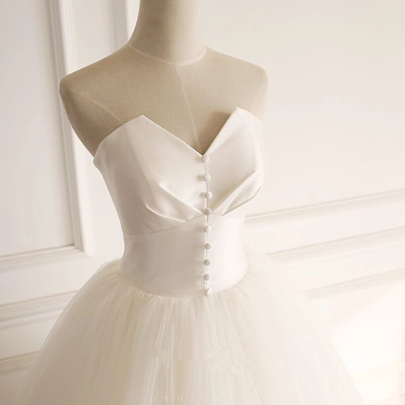 Satin Tulle Strapless Button Wedding Dress