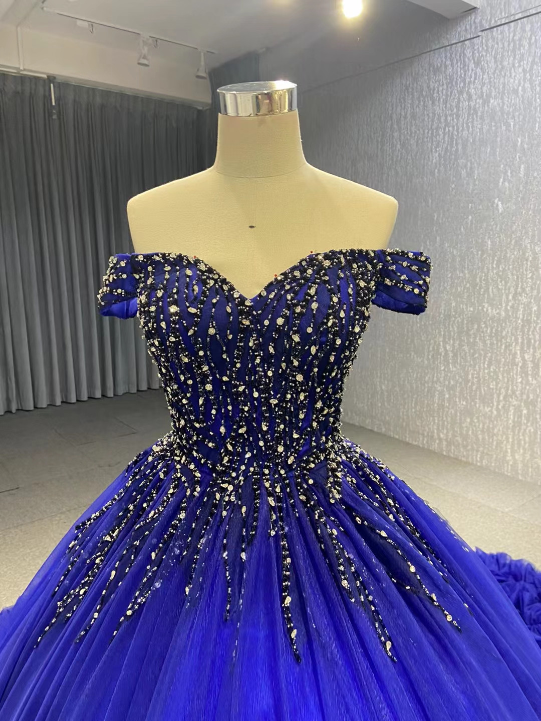 Royal Blue Tulle Off the Shoulder Beading Prom Dress