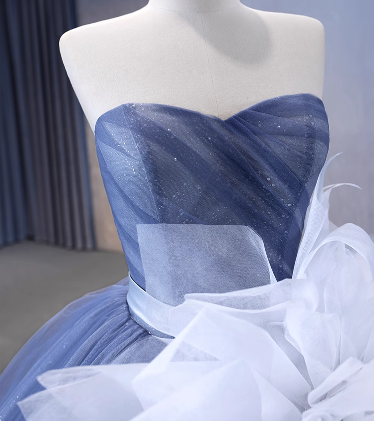 Blue Tulle Sweetheart Prom Dress With Detachable Tulle