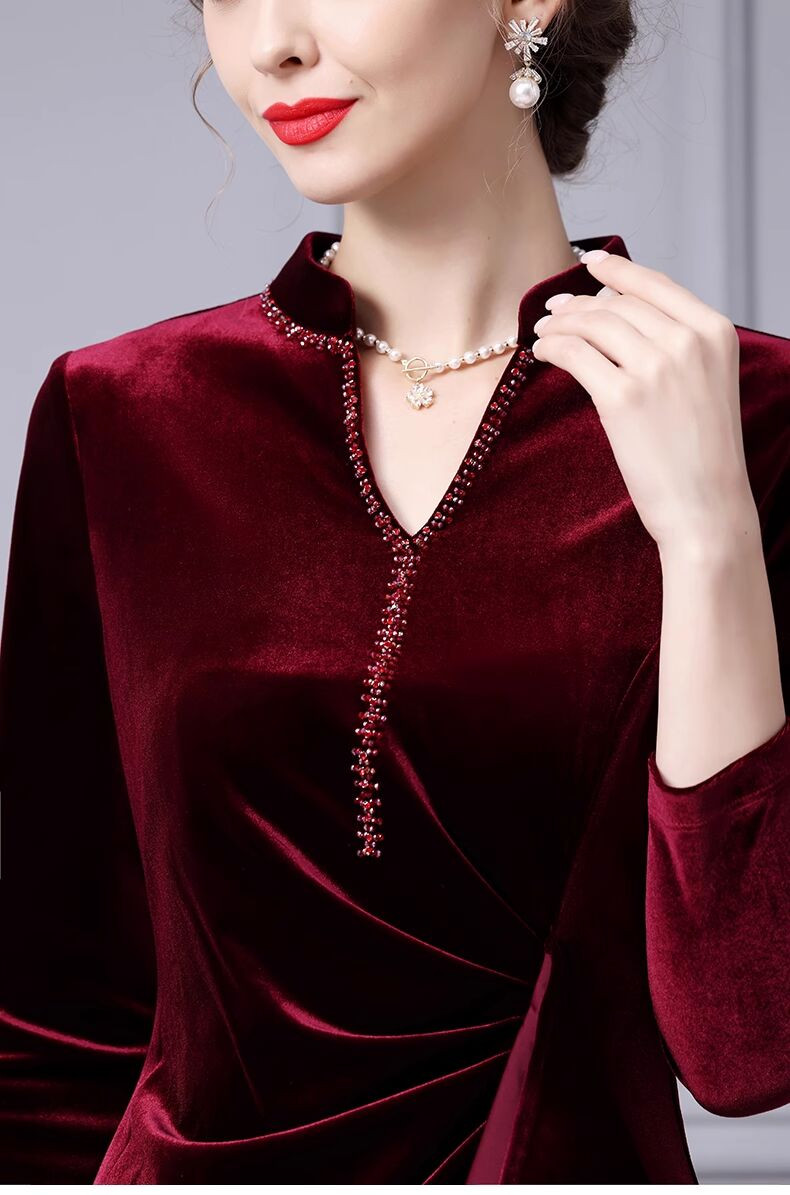 Burgundy Velvet Long Sleeve Beading Mother Of The Bride Dress