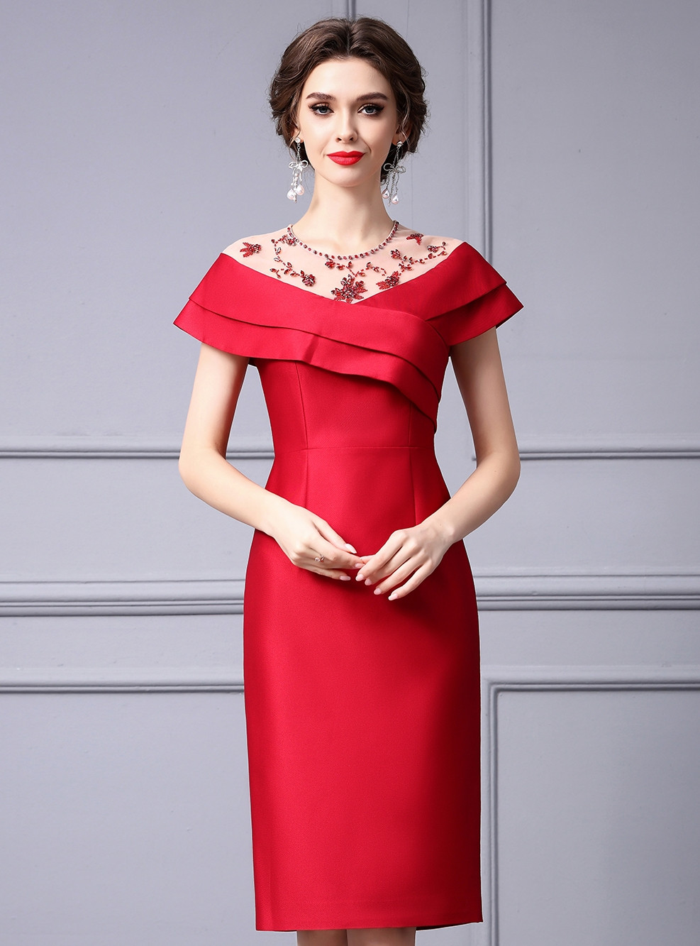 Red Sheath Cap Sleeve Beading Mother Of The Bride Dress