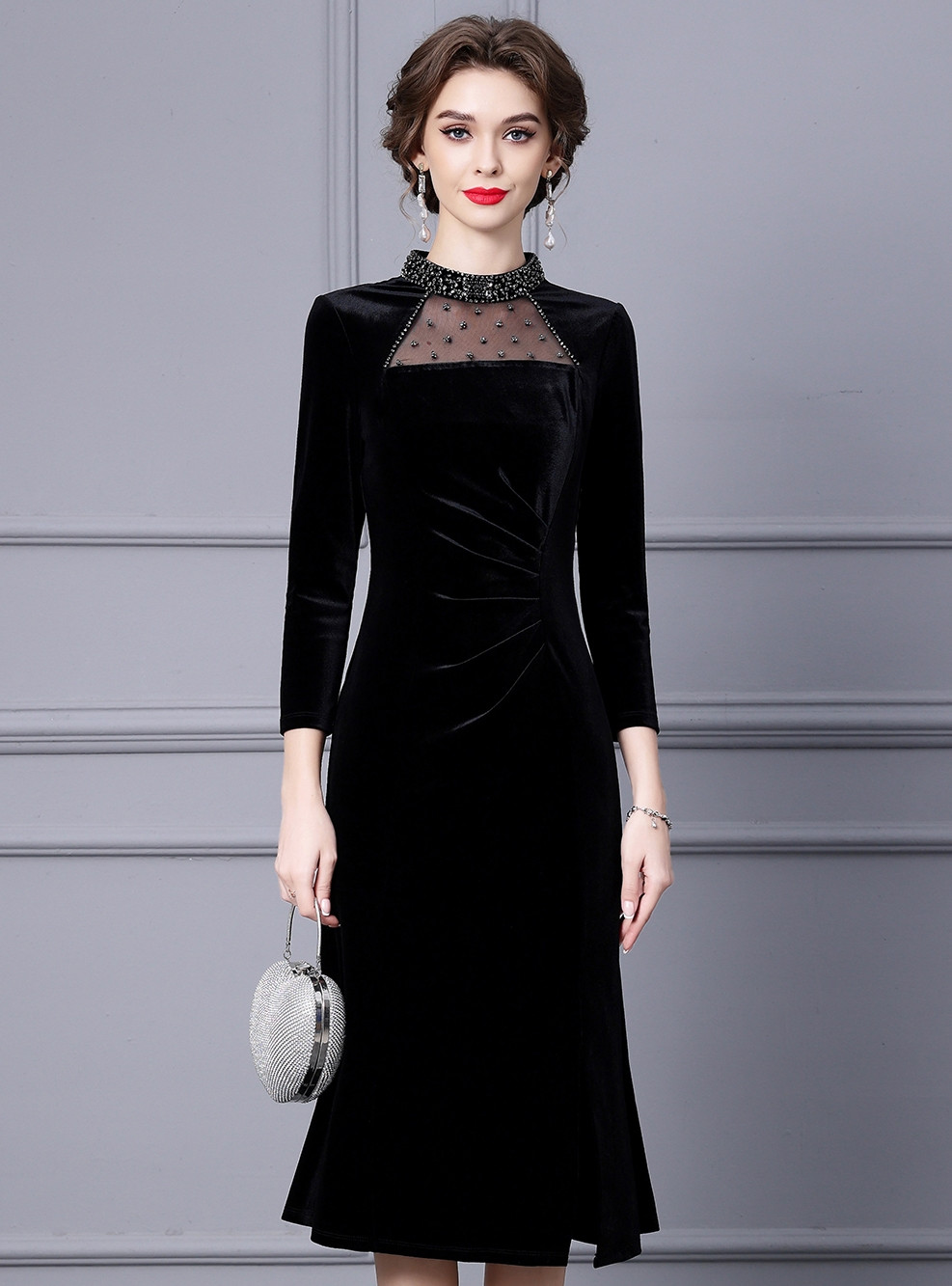 Dark Green Velvet Long Sleeve Mother Of The Bride Dress