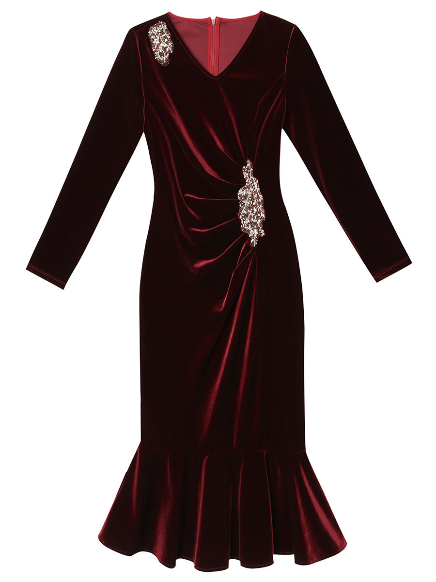 Sheath Burgundy Velvet Long Sleeve Mother Of The Bride Dress