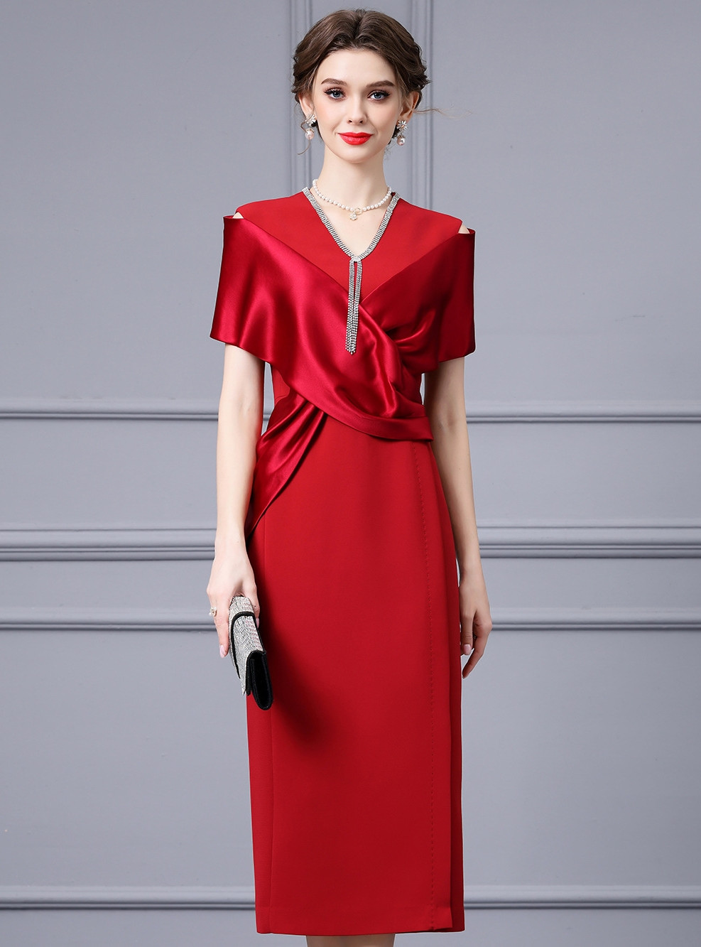 Burgundy Satin Beading Short Mother Of The Bride Dress