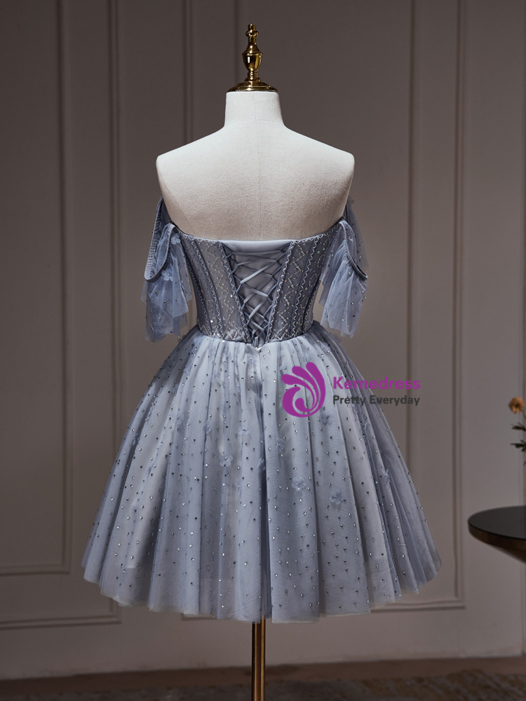Blue Gray Tulle Beading Homecoming Dress