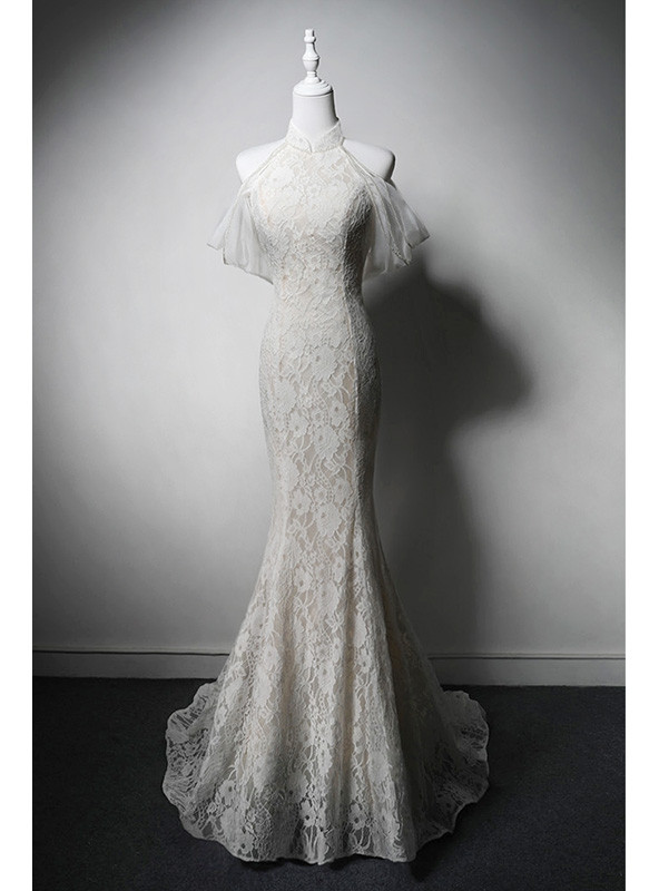 White Mermaid Sequins Backless Pearls Wedding Dress