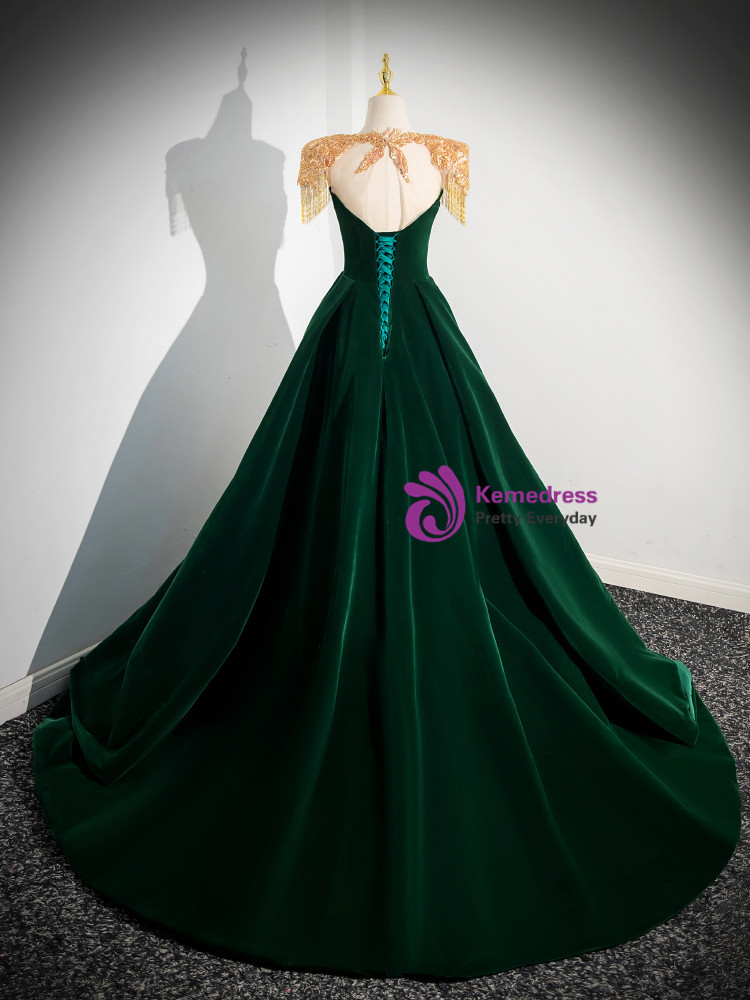 Green Velvet Cap Sleeve Appliques Beading Prom Dress
