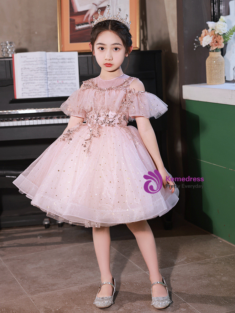 In Stock:Ship in 48 hours Pink Tulle Sequins Short Flower Girl Dress