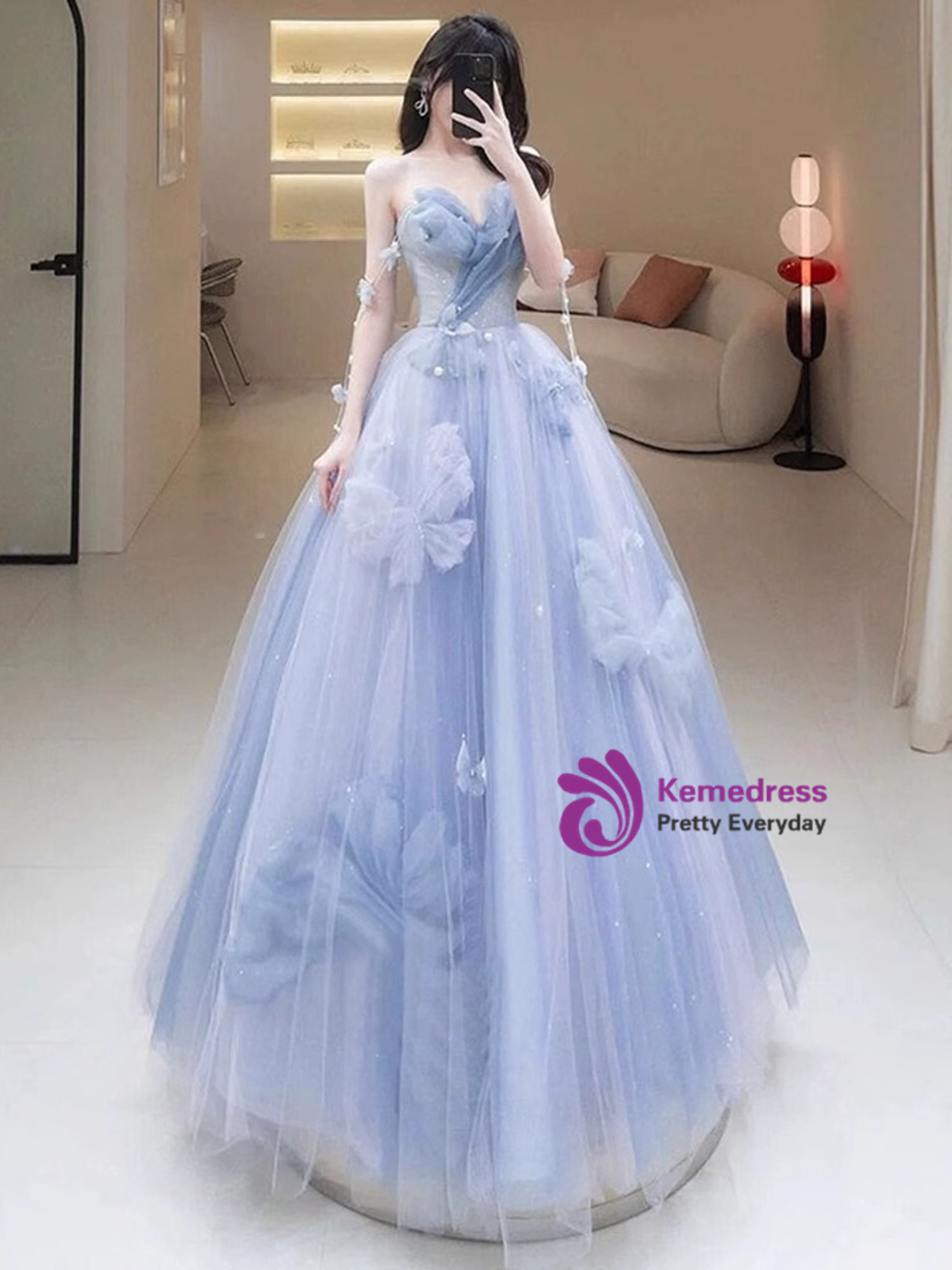 Blue Tulle Off the Shoulder Butterfly Prom Dress