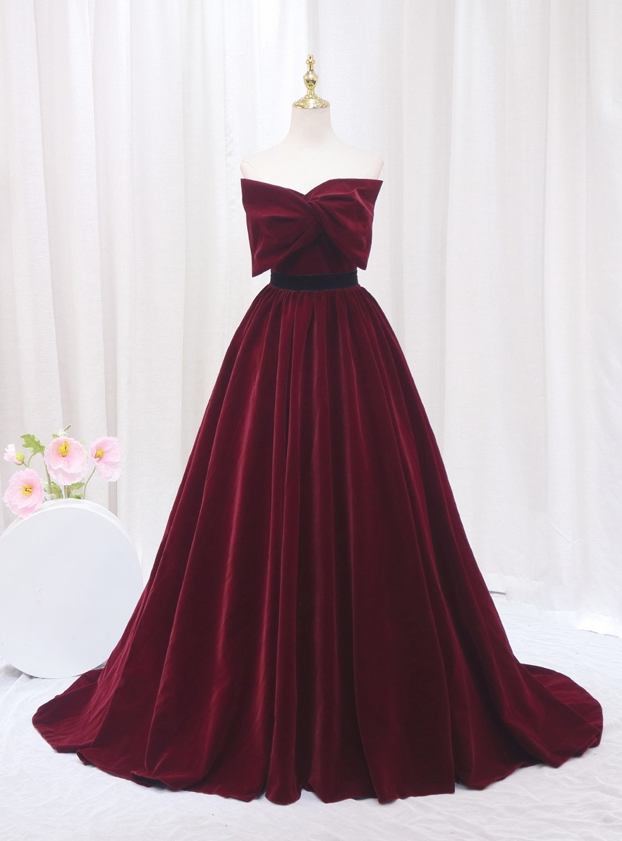 Burgundy Velvet Strapless Bow Prom Dress