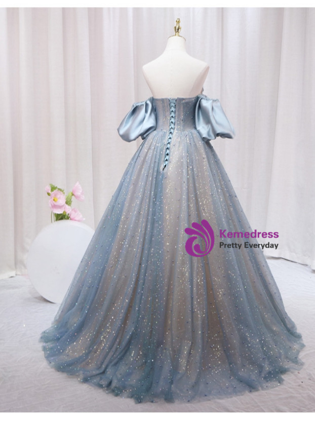Blue Tulle Sequins Pearls Strapless Prom Dress