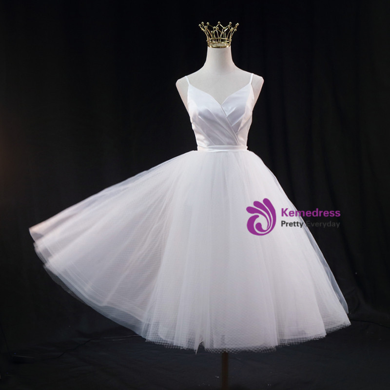 White Tulle Spaghetti Straps Short Wedding Dress