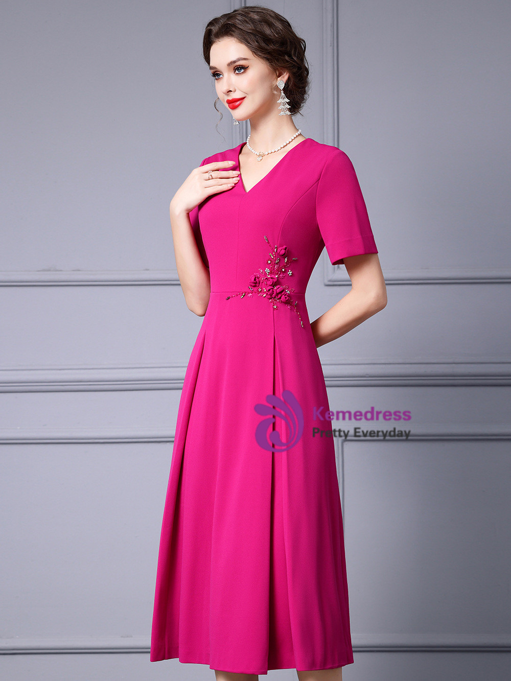 Fuchsia Short Sleeve Beading Flower Mother Of The Bride Dress