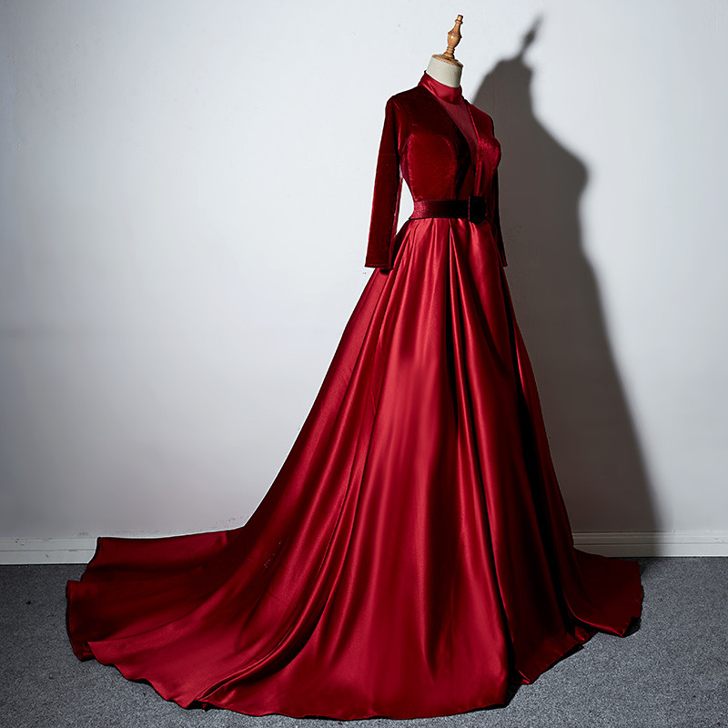 Burgundy Velvet Long Sleeve High Neck See Through Back Prom Dress