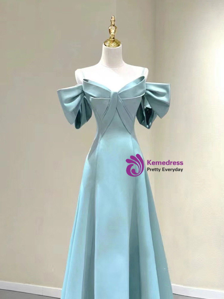 Blue Satin Spaghetti Straps Bow Prom Dress