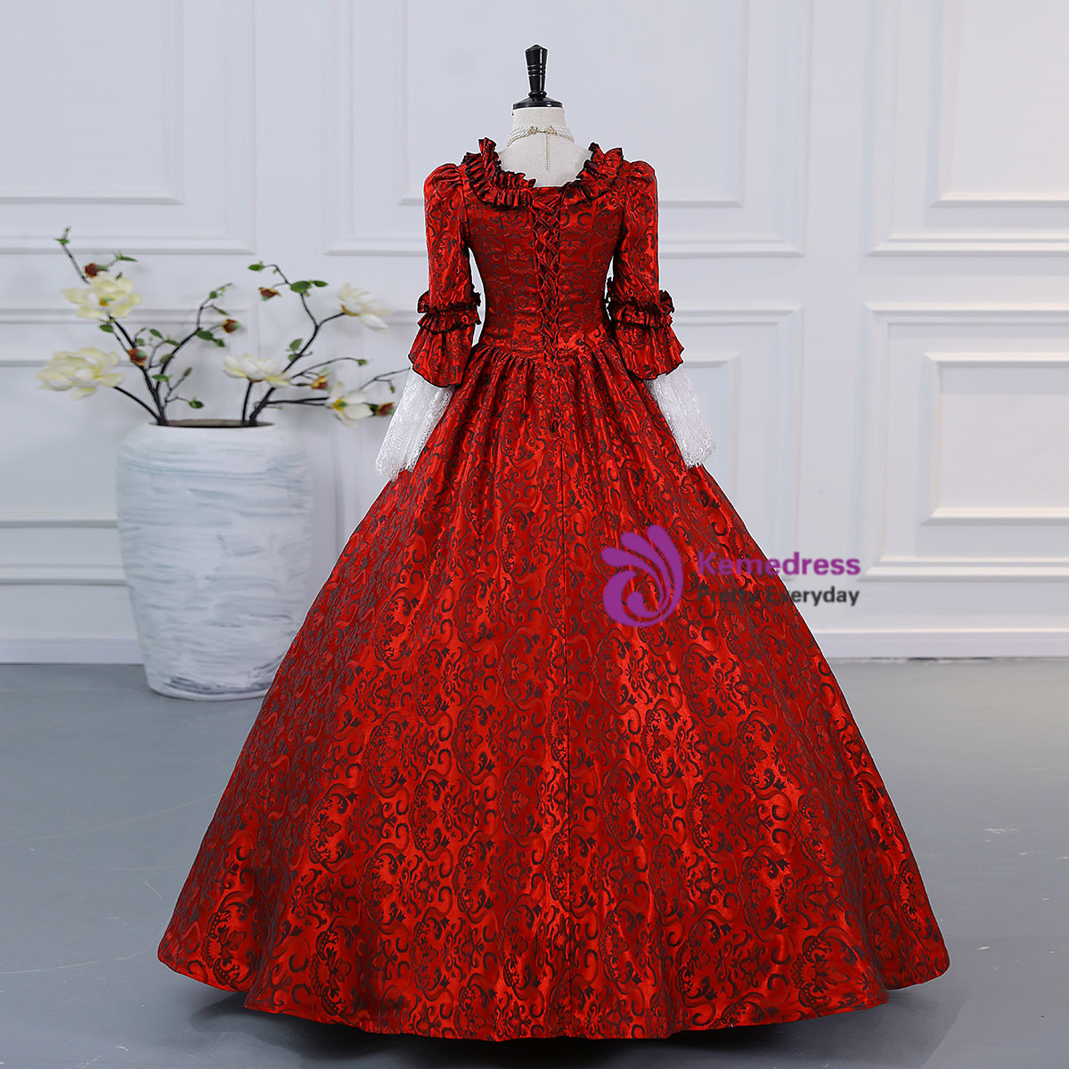 Burgundy Long Sleeve Pleats Rococo Baroque Victorian Dress