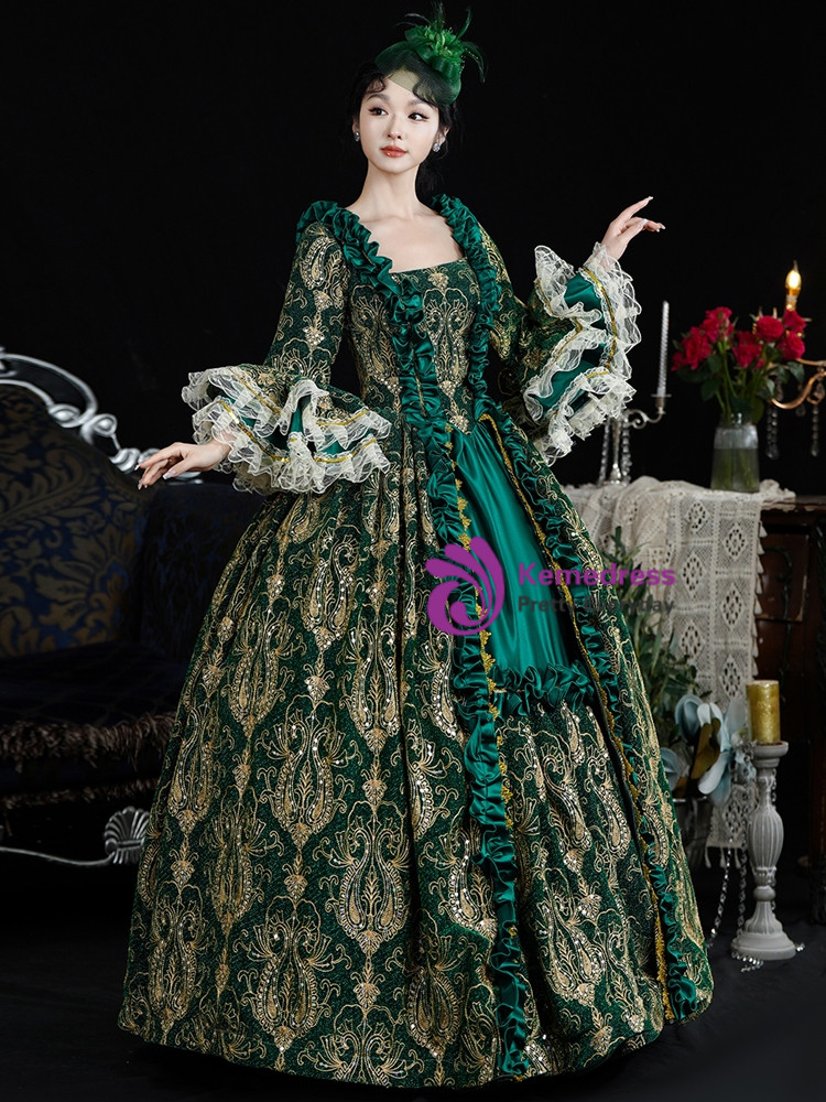 Green Long Sleeve Lace Vintage Baroque Dress