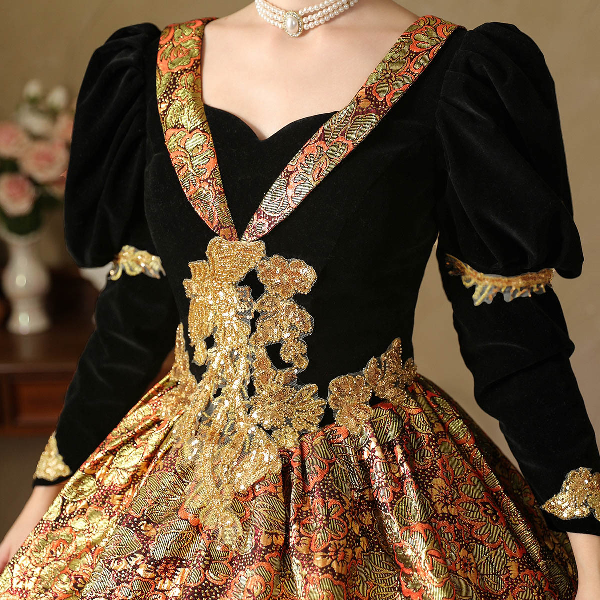 Coffee Long Sleeve Black Velvet Rococo Baroque Dress