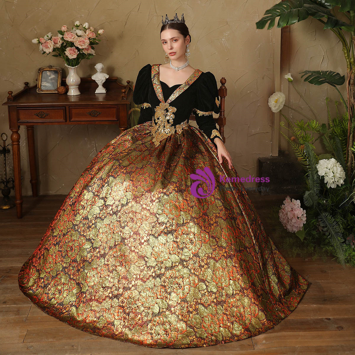 Coffee Long Sleeve Black Velvet Rococo Baroque Dress