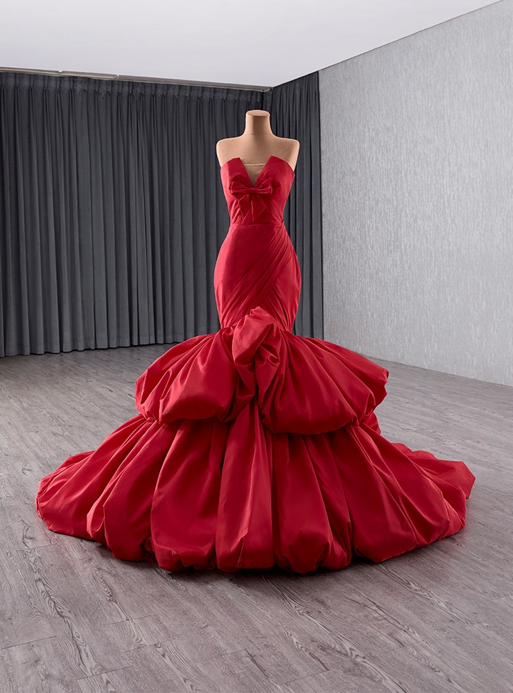 Red Satin Strapless Appliques Prom Dress