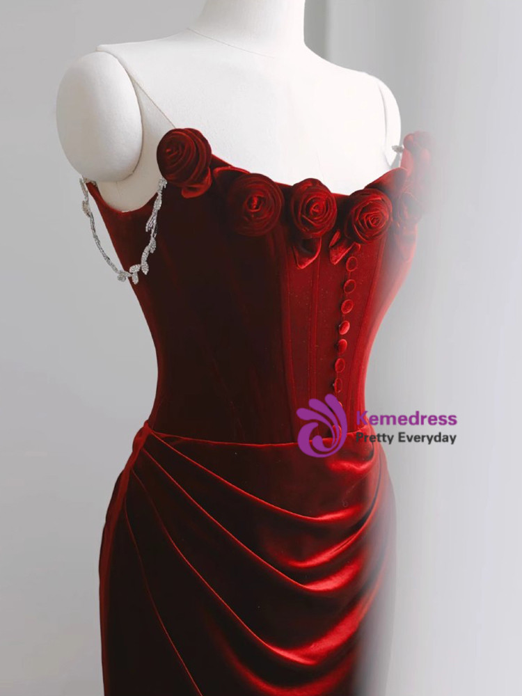 Burgundy Velvet Strapless Rose Flower Prom Dress