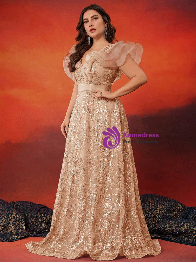 Plus Size Gold Sequins V-neck Prom Dress