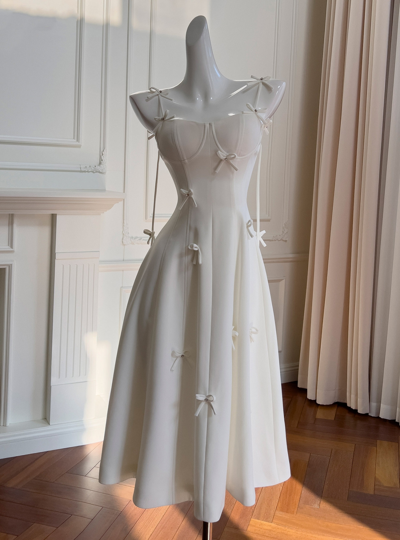 White Satin Spaghetti Straps Bow Homecoming Dress