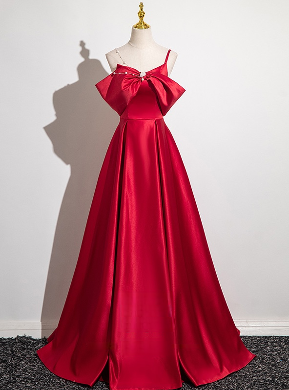 Burgundy Satin Spaghetti Straps Bow Prom Dress
