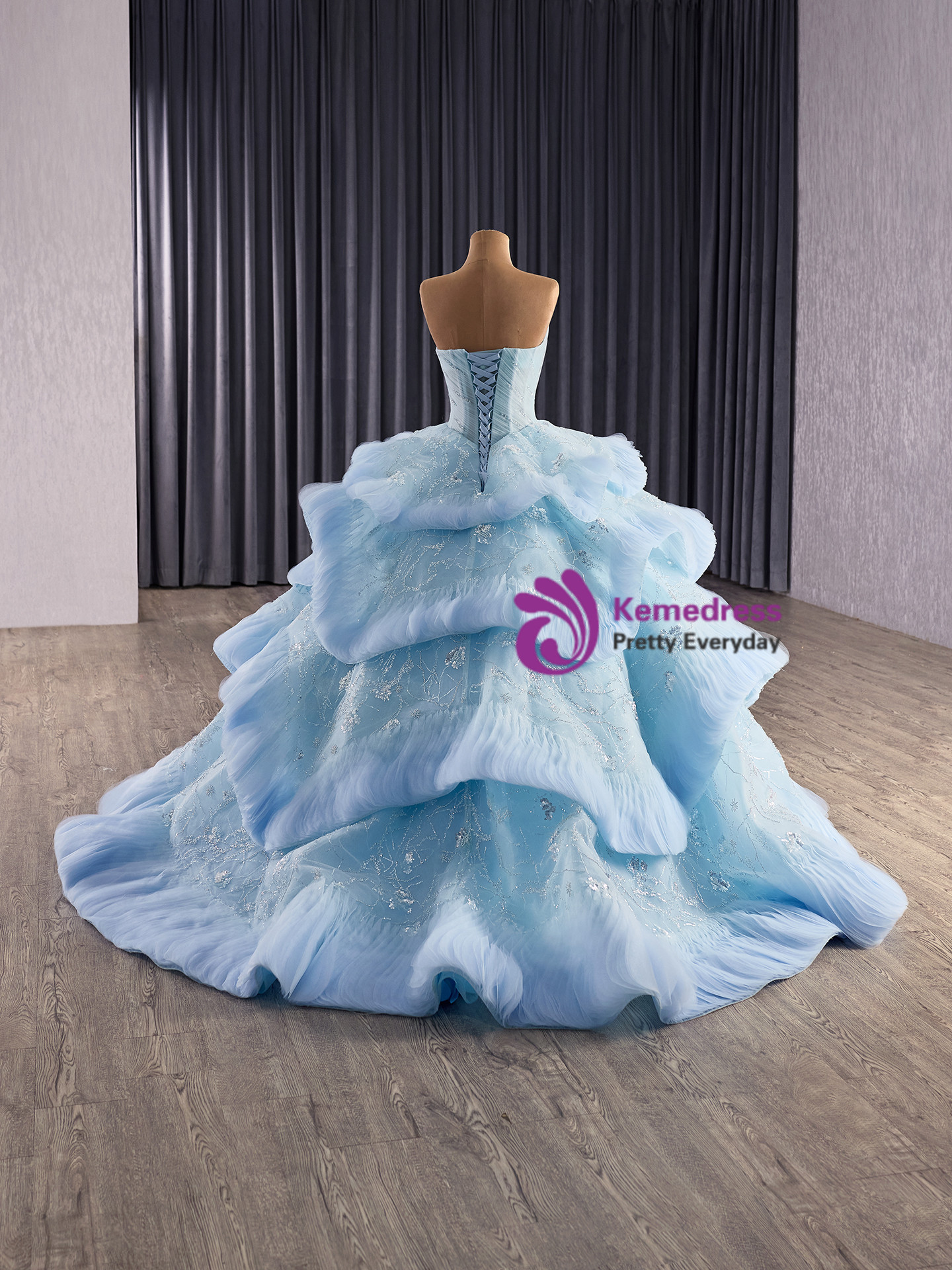 Sky Blue Tulle Sequins Strapless Beading Prom Dress