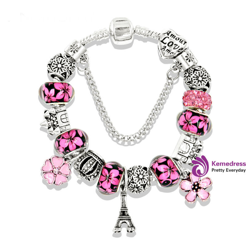 Silver Color Eiffel Tower Pan Charm Bracelet Crystal Flower Bead ...