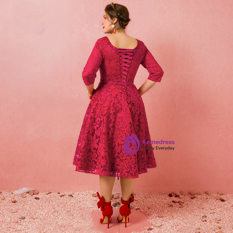 Plus Size Burgundy Lace Half Sleeve V-neck Prom Dress