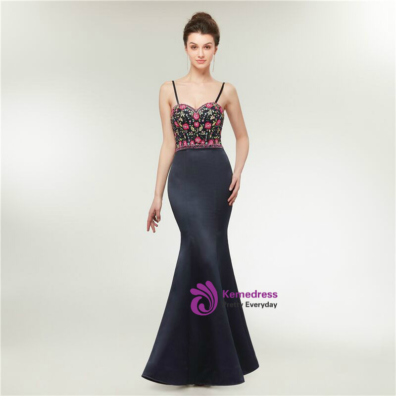 Mermaid Spaghetti Straps Satin Embroidery Prom Dress