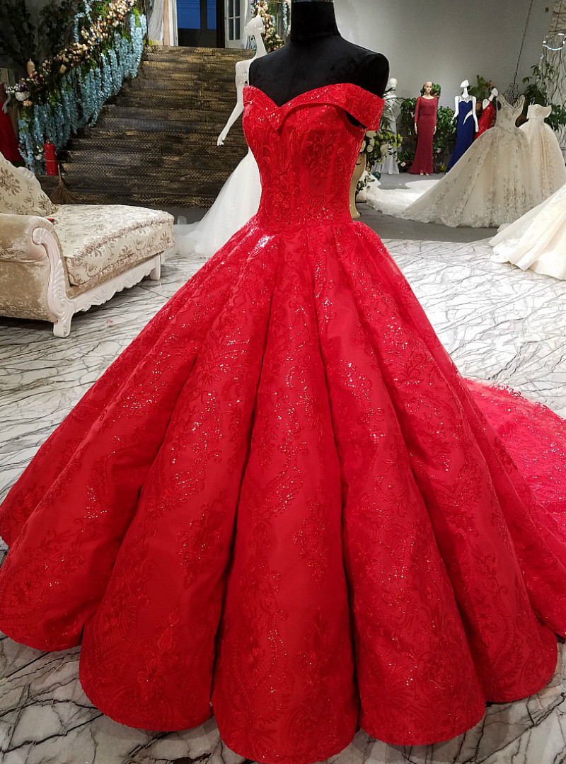 Red Ball Gown Sequins Off the Shoulder Luxury Wedding Dress With Train
