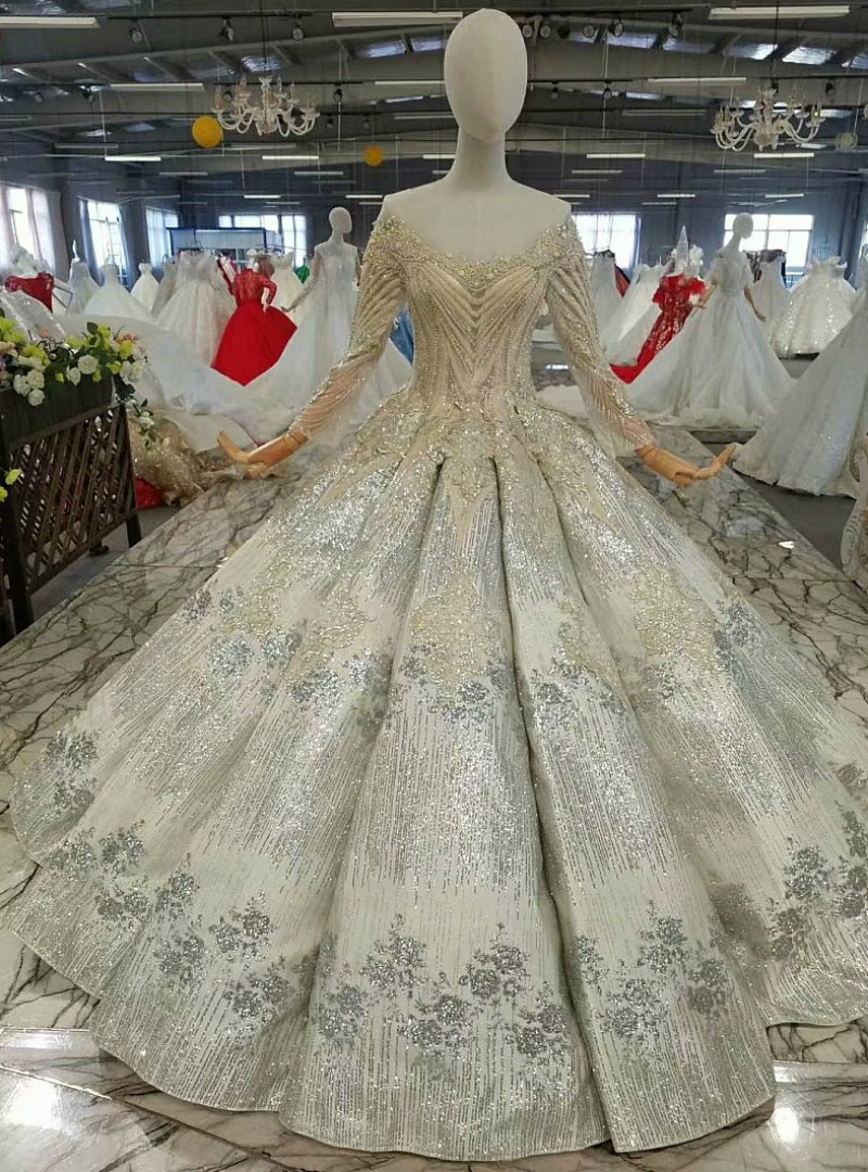 Gold ball Gown Sequins Cap Sleeve Backless Appliques Wedding Dress