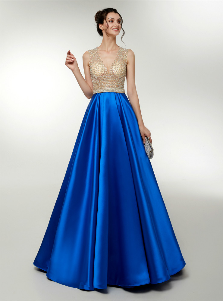 Blue Satin Mermaid Deep V-neck Lace Back Floor Length Prom Dress
