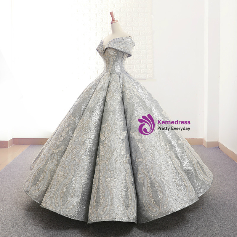Silver Ball Gown Sequins Off The Shoulder Backless Wedding Dress