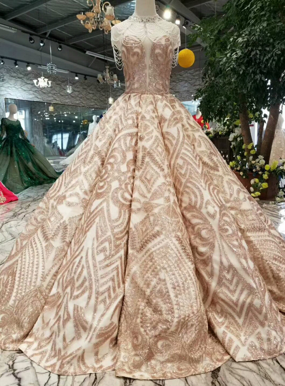 Gold Ball Gown Sequins Appliques High Neck Backless Beading Wedding Dress