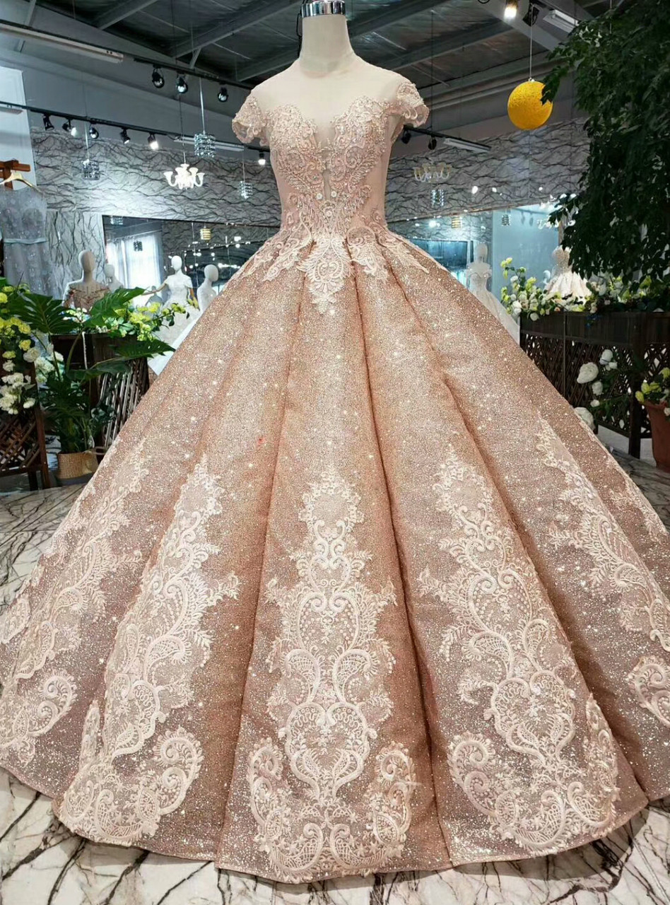 Gold Ball Gown Sequins Cap Sleeve Backless Wedding Dress With Train