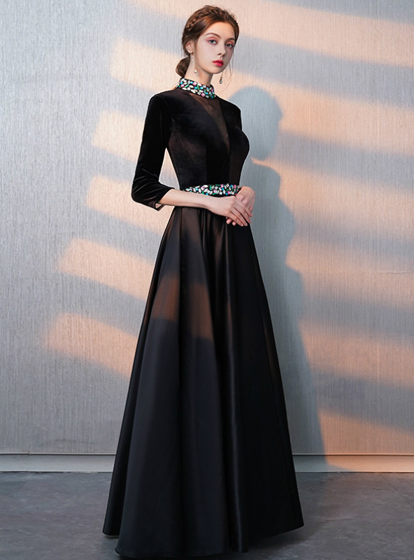 In Stock:Ship in 48 Hours High Neck Long Sleeve Prom Dress With Crystal
