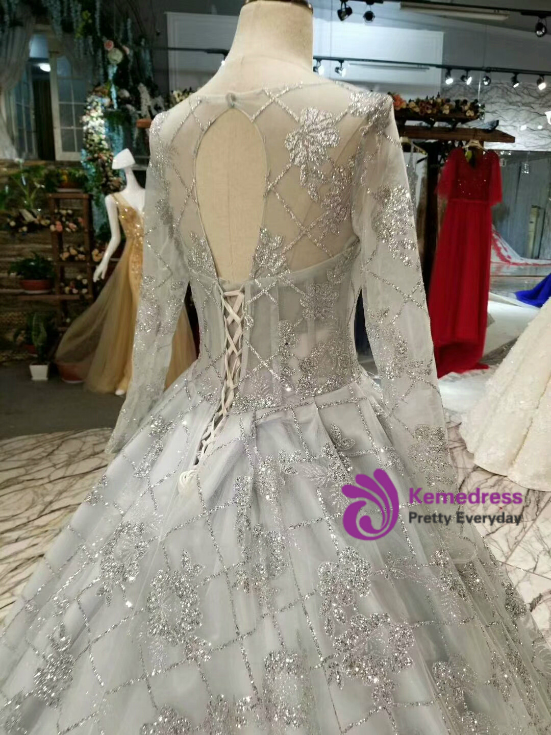 Silver Gray Ball Gown Tulle Sequins Long Sleeve Backless Luxury Wedding ...